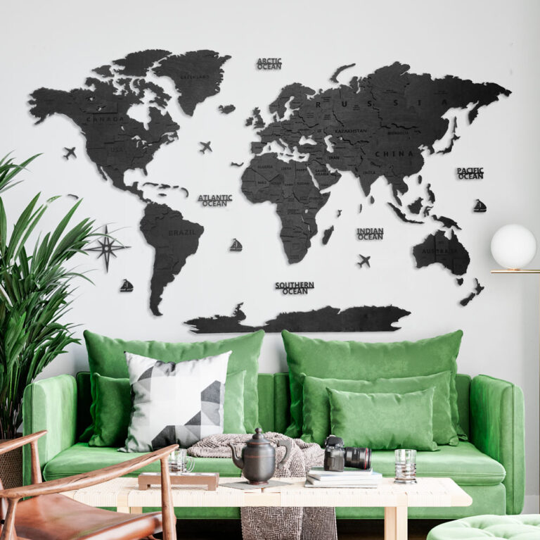 3D Wooden World Map Wall Decoration – Black Wood – Dreamforwood