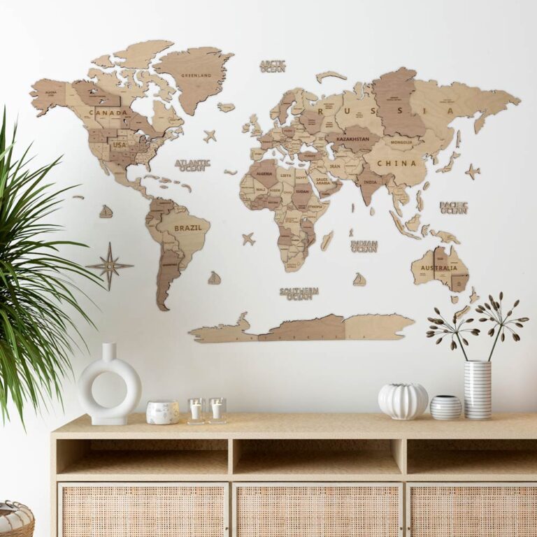 3D Wooden World Map Wall Decoration – Natural Wood – Dreamforwood
